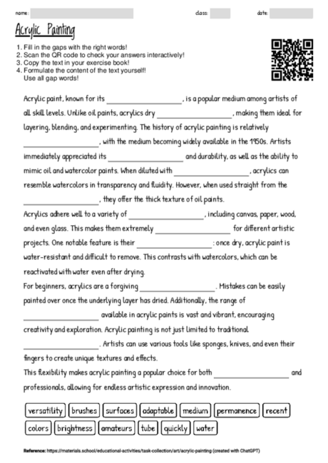 Worksheet with the topic "Acrylic Painting" | MATERIALS.SCHOOL