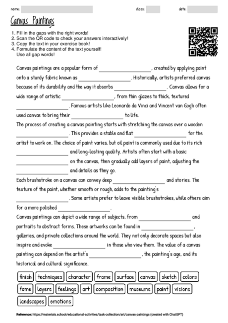 Worksheet with the topic "Canvas Paintings" | MATERIALS.SCHOOL
