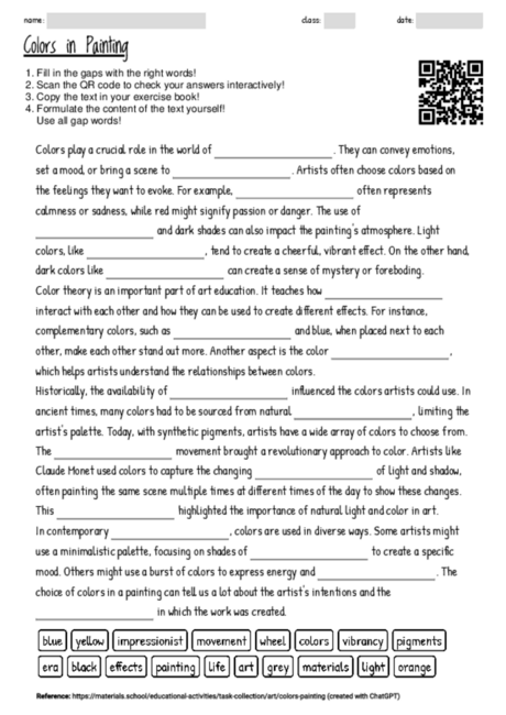 Worksheet with the topic "Colors in Painting" | MATERIALS.SCHOOL