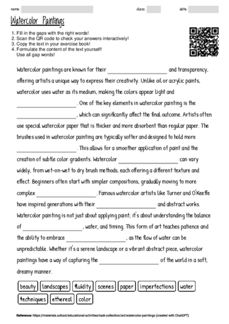 Worksheet with the topic "Watercolor Paintings" | MATERIALS.SCHOOL