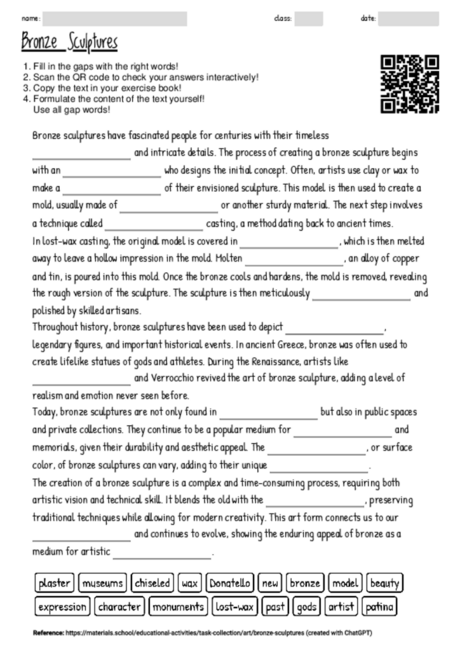 Worksheet with the topic "Bronze Sculptures" | MATERIALS.SCHOOL