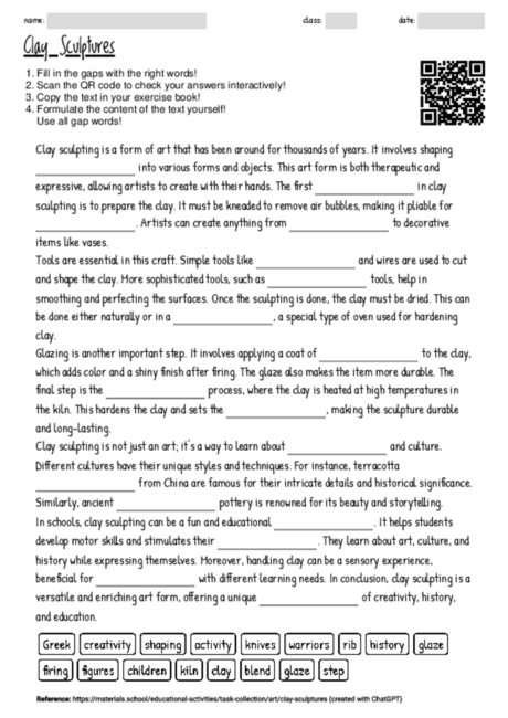 Worksheet with the topic "Clay Sculptures" | MATERIALS.SCHOOL
