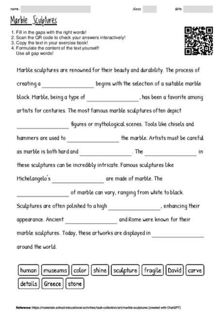 Worksheet with the topic "Marble Sculptures" | MATERIALS.SCHOOL