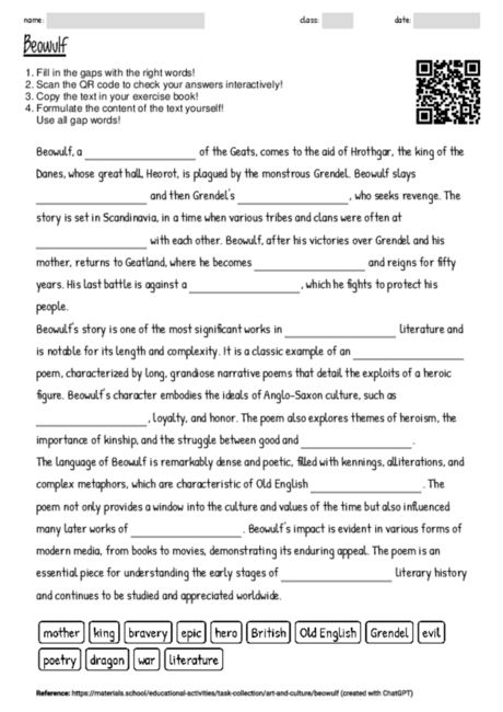 Worksheet with the topic "Beowulf" | MATERIALS.SCHOOL