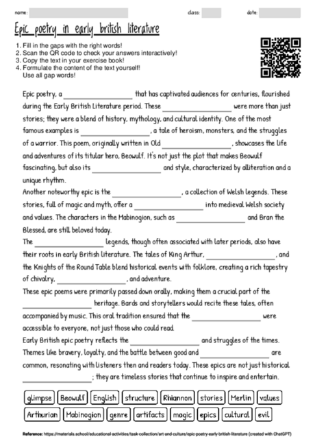 Worksheet with the topic "Epic poetry in early british literature ...