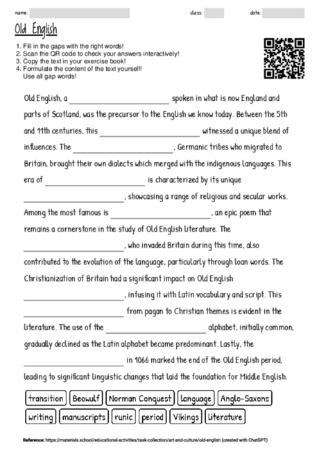 Worksheet with the topic "Old English" | MATERIALS.SCHOOL
