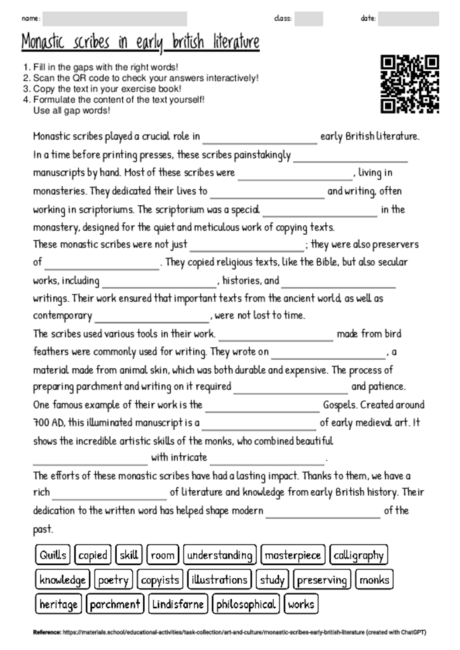 Worksheet with the topic "Monastic scribes in early british literature ...