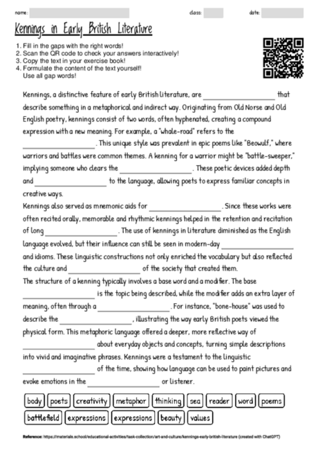 Worksheet with the topic "Kennings in Early British Literature ...
